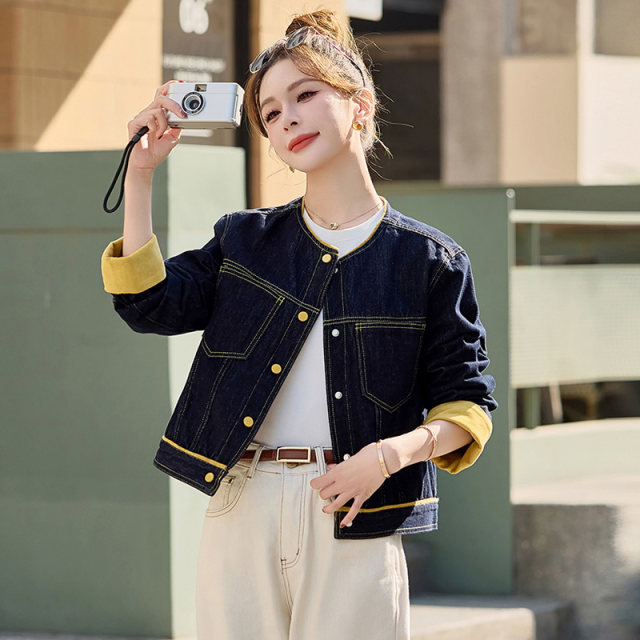 Spliced contrasting denim jacket women's new spring age-reducing high-end casual short ...