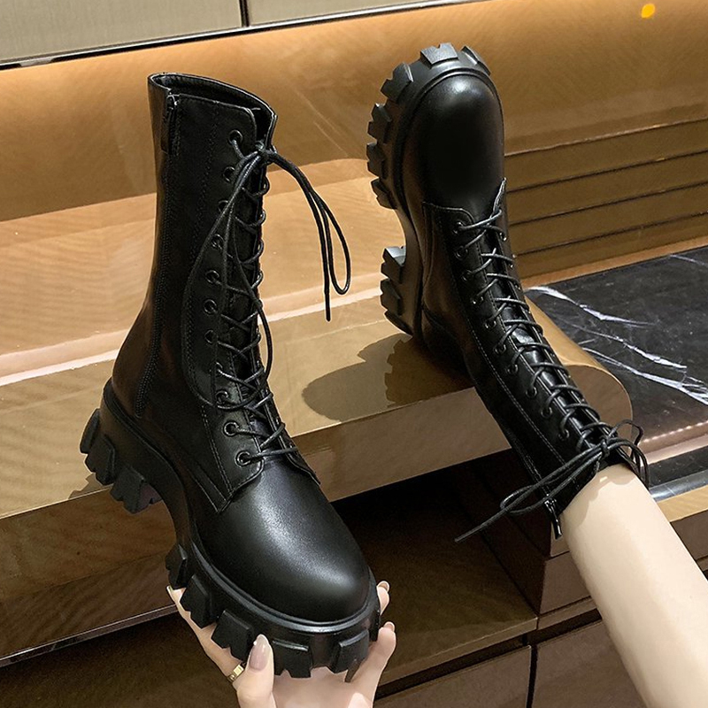 小个子增高马丁靴英伦风高帮女鞋2023春秋季厚底单靴白色中筒靴子虎窝淘 7414
