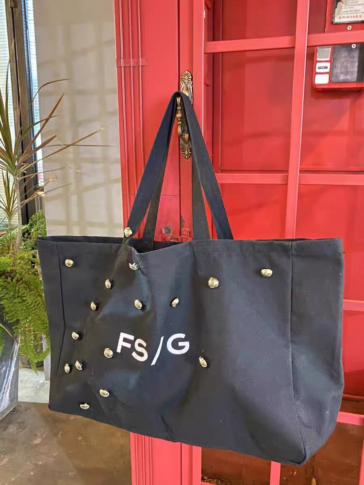 FSG Freedom Soluble手提白色黑色大容量圆珠印花帆布单肩托特包_虎窝淘