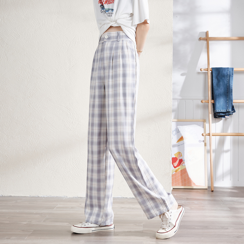 唐狮春夏新款休闲裤女宽松格子阔腿裤子直筒抽绳束脚长裤ins时尚_虎窝淘