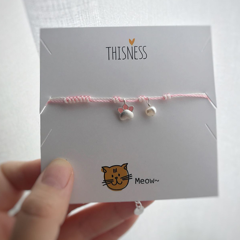 THISNESS纯银磨砂猫爪编绳脚链粉色少女感夏日新款_虎窝淘