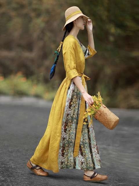Hexuan's original high-end summer new style cotton and linen dress with ...