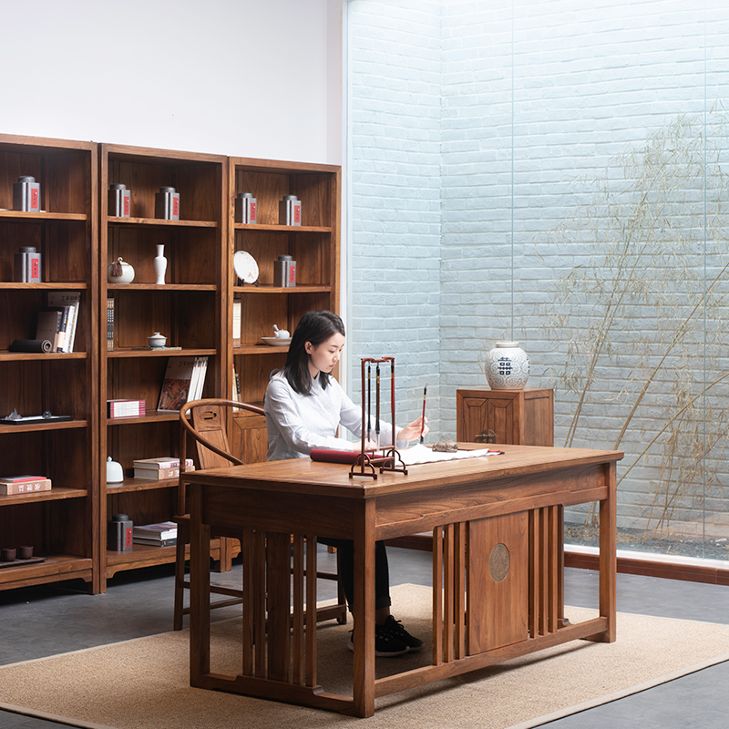 全实木书桌新中式老榆木写字桌办公室书房办公桌简约带抽屉电脑桌_虎窝淘