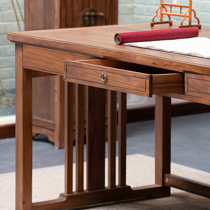 全实木书桌新中式老榆木写字桌办公室书房办公桌简约带抽屉电脑桌_虎窝淘