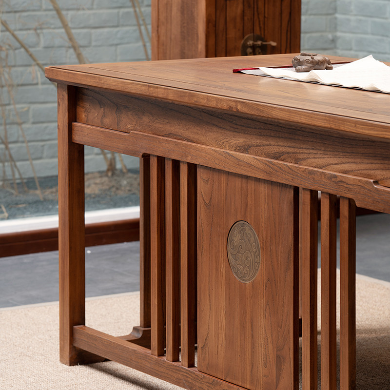 全实木书桌新中式老榆木写字桌办公室书房办公桌简约带抽屉电脑桌_虎窝淘