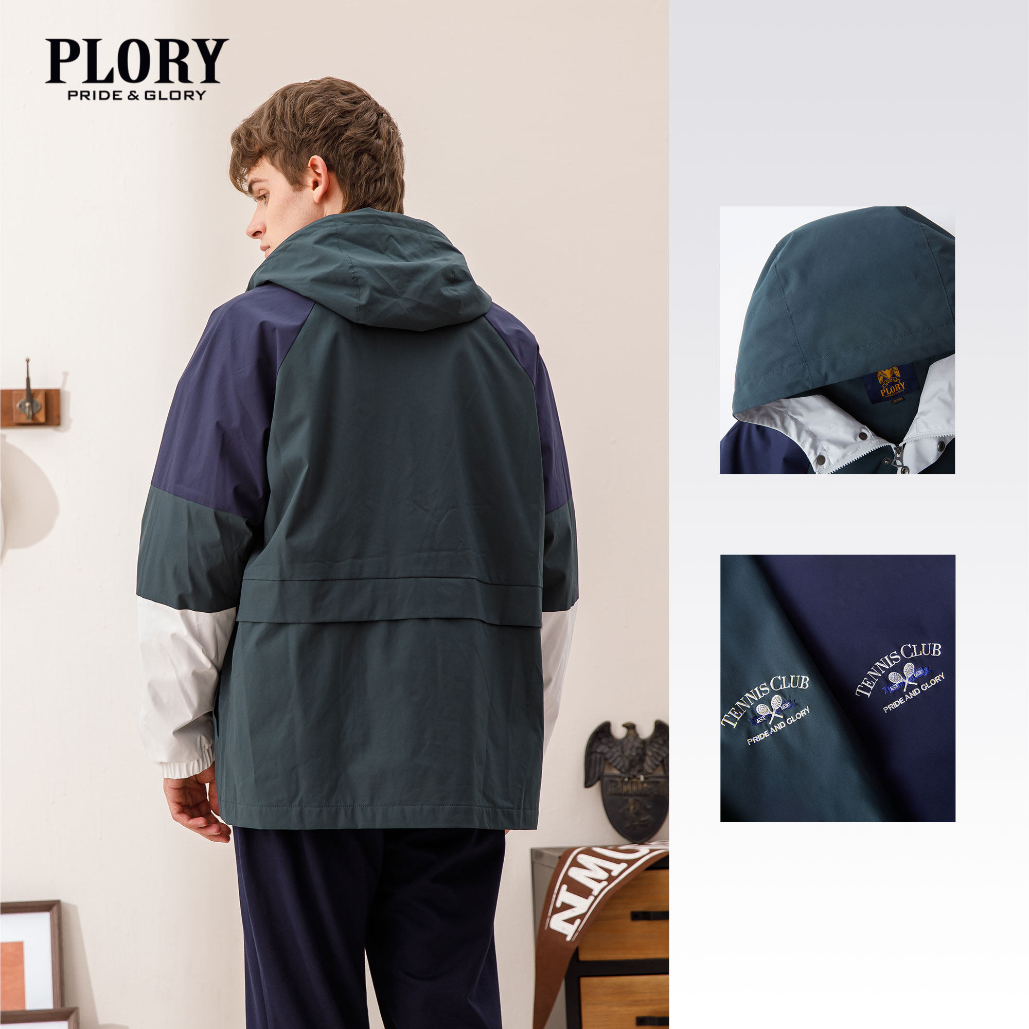PLORY秋冬连帽拼接字母印花刺绣男士宽松休闲运动夹克外套_虎窝淘