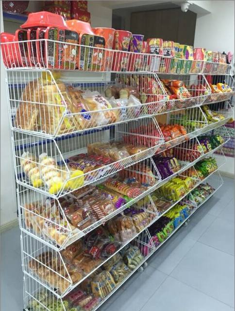 Dongguan supermarket shelf inclined basket display rack snack rack ...