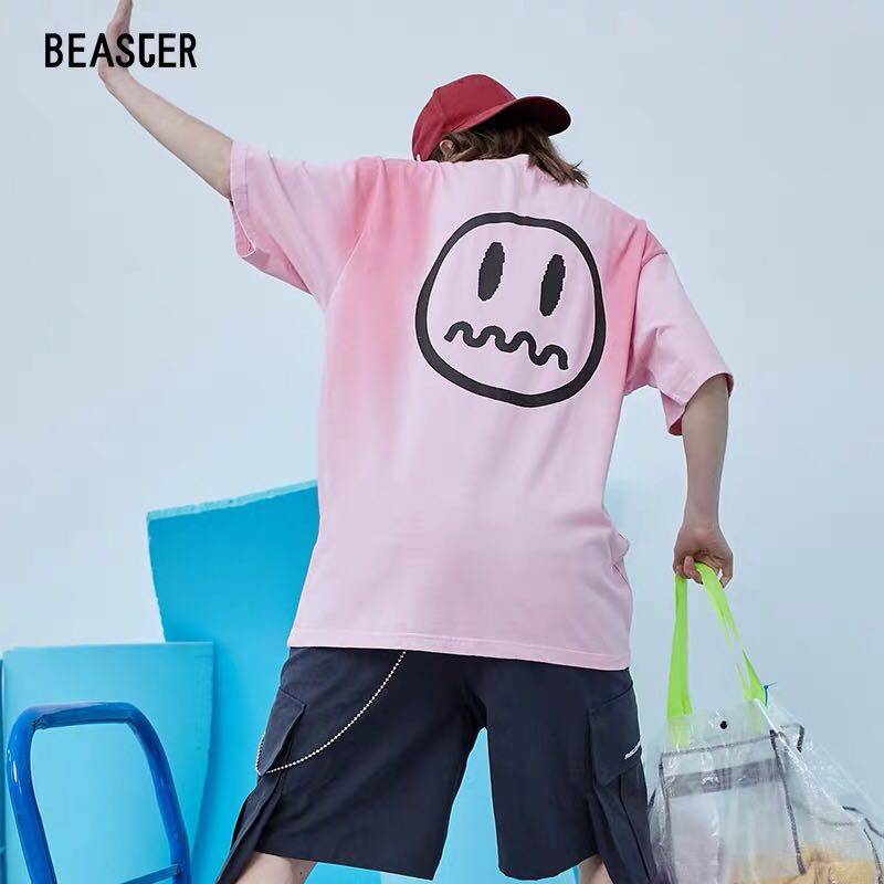 BEASTER小恶魔鬼脸原创潮牌情侣装染喷短袖t恤男宽松半袖体恤ins_虎窝淘