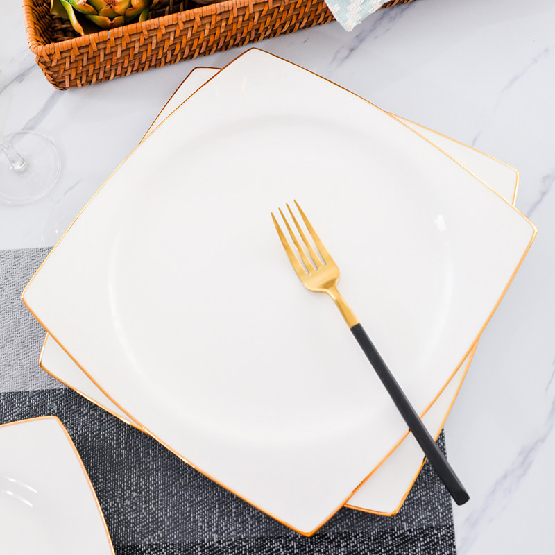 北欧西餐盘牛排盘子餐具套装方形欧式家用金边陶瓷菜盘水果碟子_虎窝淘