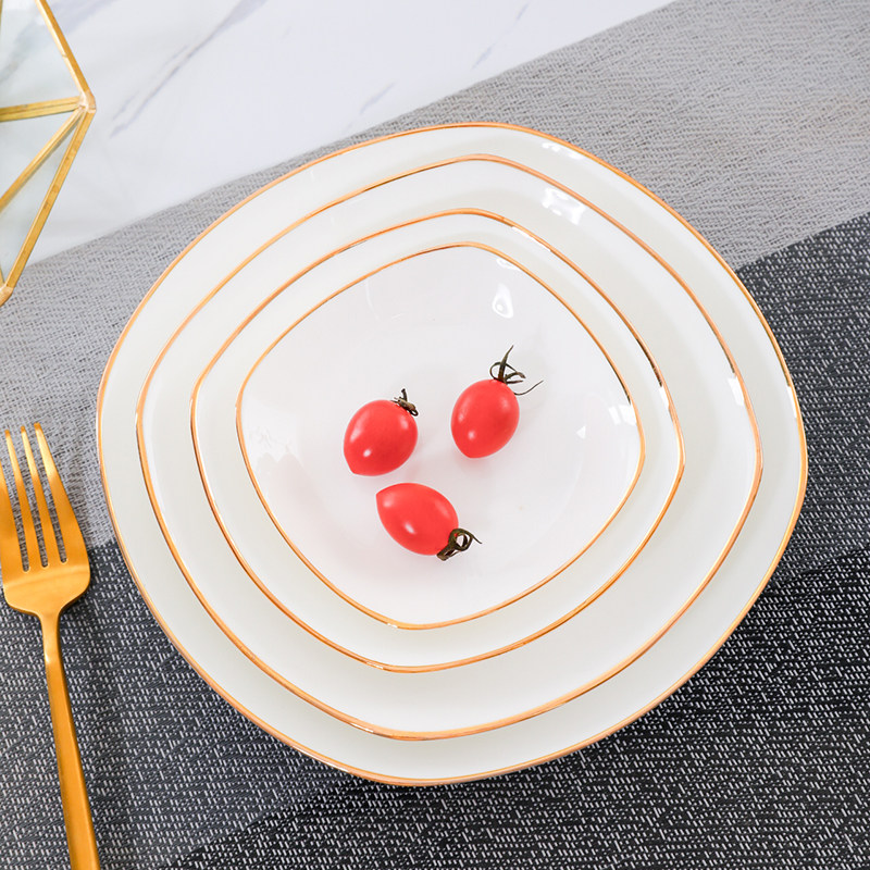 欧式骨瓷西餐盘创意方形金边牛排盘陶瓷盘子小吃碟子菜盘家用餐具_虎窝淘