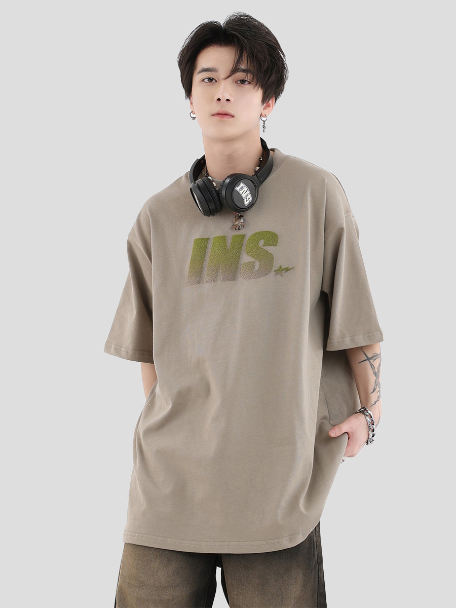 INSstudios国潮牌情侣美式渐变牙刷绣立体LOGO短袖宽松纯棉T恤男_虎窝淘