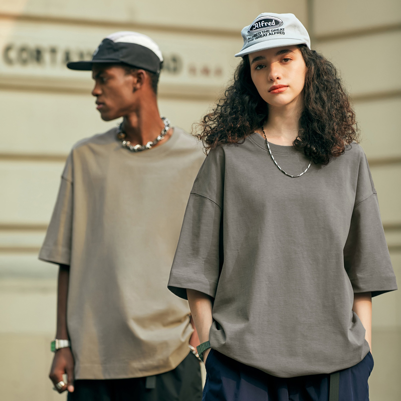 265G重磅纯色短袖T恤男潮牌欧美高街大地色OVERSIZE宽松半袖体恤_虎窝淘