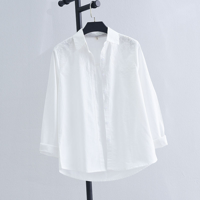 2024春秋季镂空绣花白色衬衫女长袖韩版纯棉女式打底衬衣通勤气质_虎窝淘