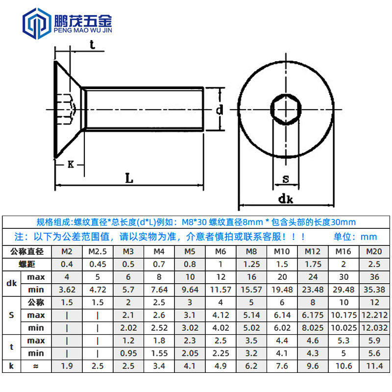 〖M2 M2.5〗10.9级公制沉头/平头内六角平杯螺丝钉DIN7991/GB70.3_虎窝淘