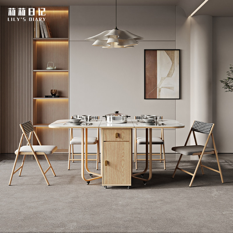 多功能折叠餐桌组合家用小户型实木岩板餐桌简约轻奢方饭桌电磁炉_虎窝淘