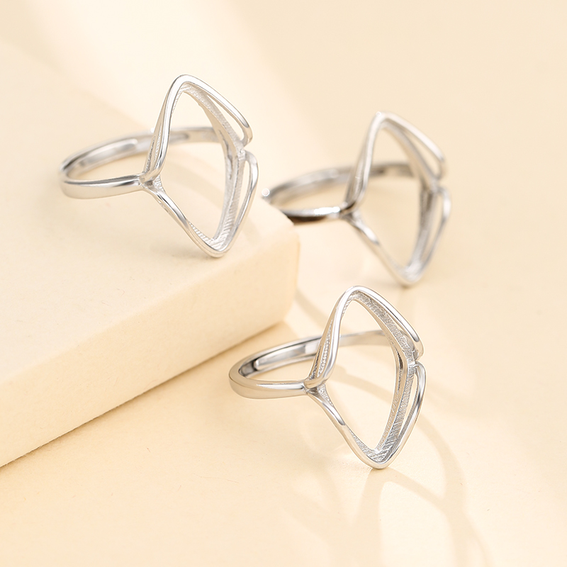 S925纯银镀白金色菱形戒指空托男女简约diy绿松石蜜蜡开口银戒托_虎窝淘