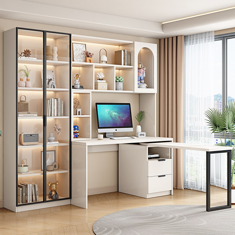 奶油风书桌书架一体桌转角电脑桌书柜组合家用卧室旋转学习办公桌_虎窝淘