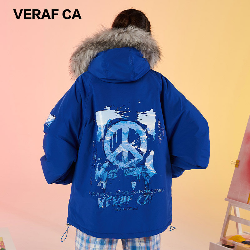 VERAF CA潮牌雪山反战印花棉衣棉服男冬季情侣装毛领连帽加厚外套_虎窝淘