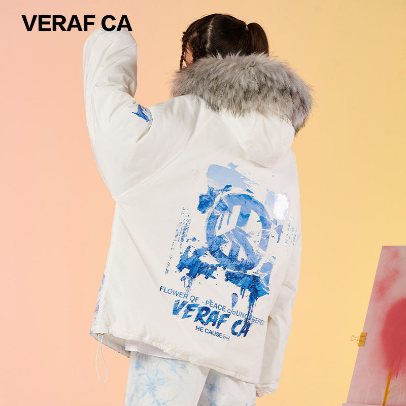 VERAF CA潮牌雪山反战印花棉衣棉服男冬季情侣装毛领连帽加厚外套_虎窝淘
