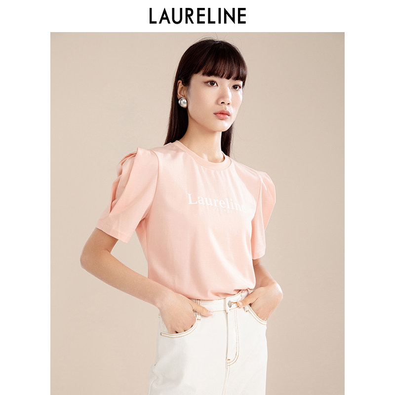 LAURELINE/洛瑞琳2022夏季新款短袖T恤女泡泡袖个性印花时尚舒适_虎窝淘