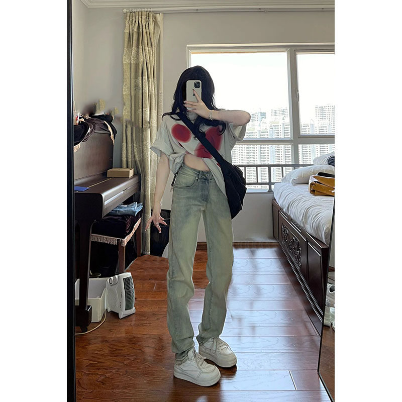 欧美式vibe风黄泥牛仔裤子女秋高街ins潮辣妹复古大码做旧直筒裤_虎窝淘
