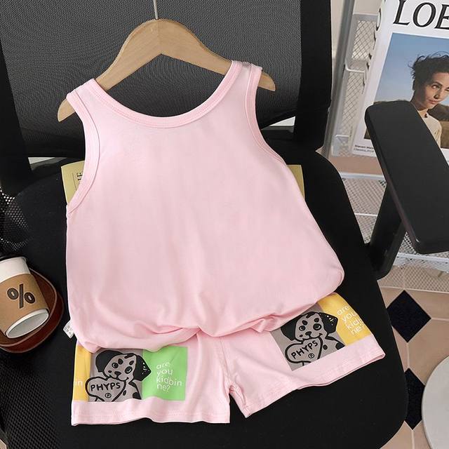 Children's loose modal girls boys vest home clothes set thin pajamas ...