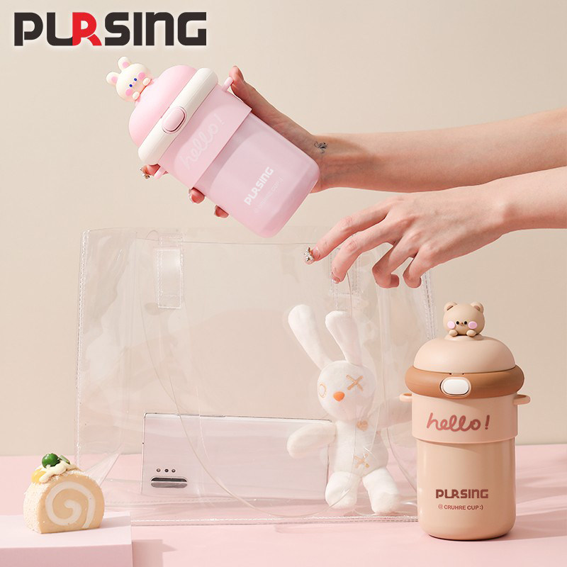 美国PURSING卡通可爱水杯子女学生弹盖吸管杯斜跨儿童便携保温杯_虎窝淘