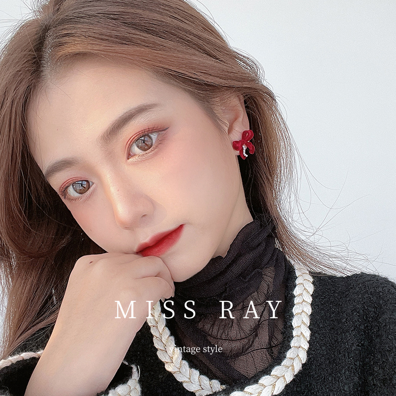 MissRay敲温柔呀~秋冬复古酒红丝绒蝴蝶结珍珠纯银针耳钉耳夹_虎窝淘