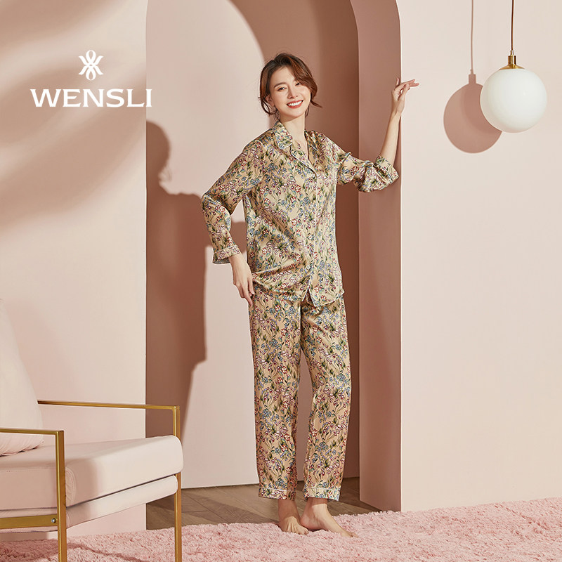 Wensli/万事利真丝睡衣女春秋丝绸印花家居服桑蚕丝长袖套装浅夏_虎窝淘