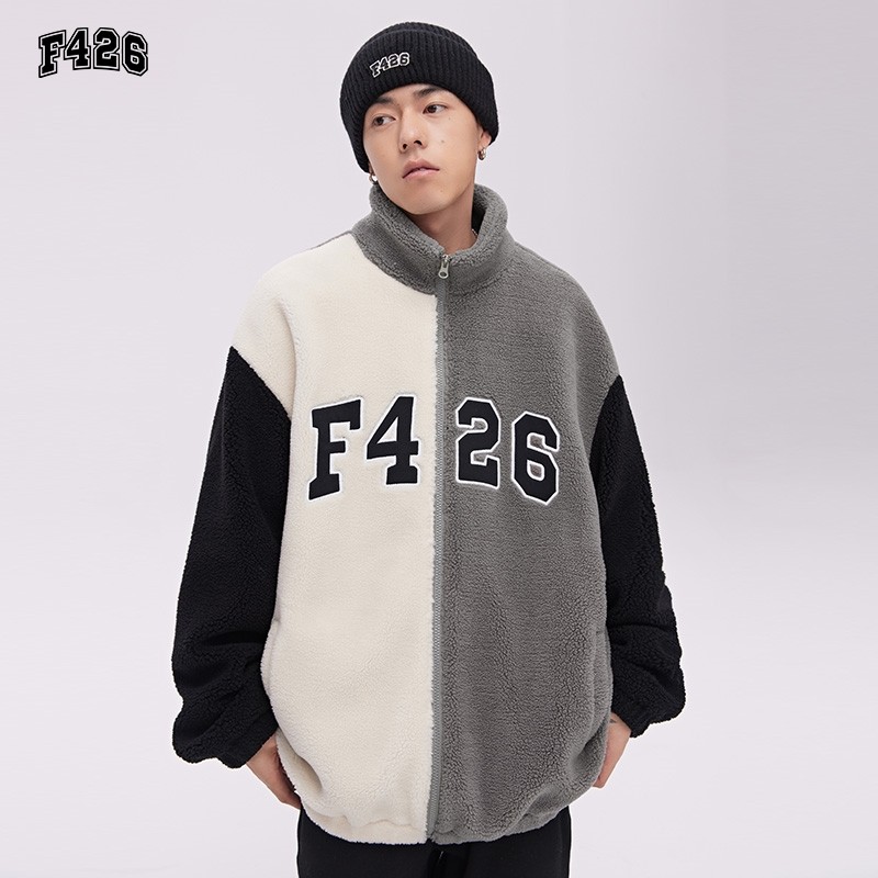 【F426官方店】国潮牌情侣街头宽松大LOGO阴阳撞色仿羊羔毛外套_虎窝淘