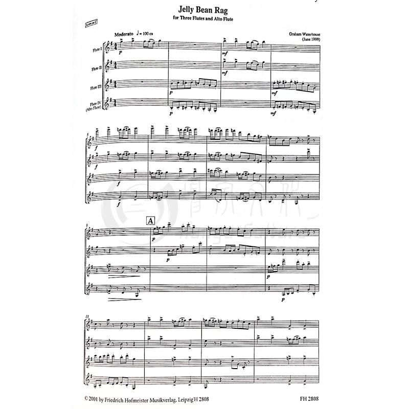 沃特豪斯果冻豆格雷泰勒姆长笛乐曲德国霍夫曼斯特原版乐谱书 Waterhouse Graham Jelly Bean Rag for 4 ...