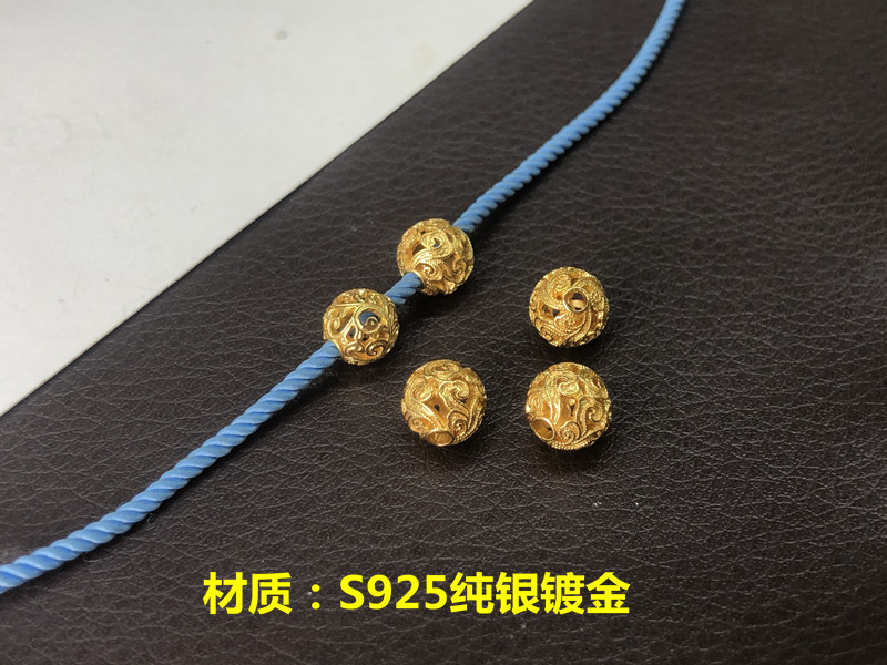 S925纯银镀金祥云叶子8mm圆珠编织手绳项链隔珠DIY手链古法金配件_虎窝淘