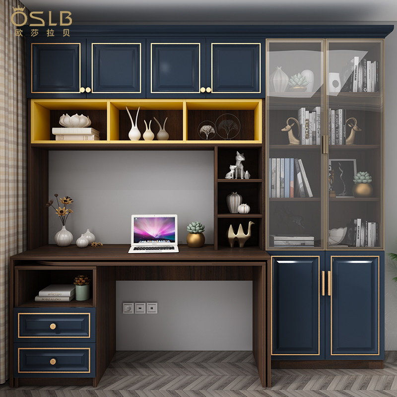 轻奢转角连体书桌书柜衣柜组合一体柜欧式家用电脑桌台式桌子定制_虎窝淘