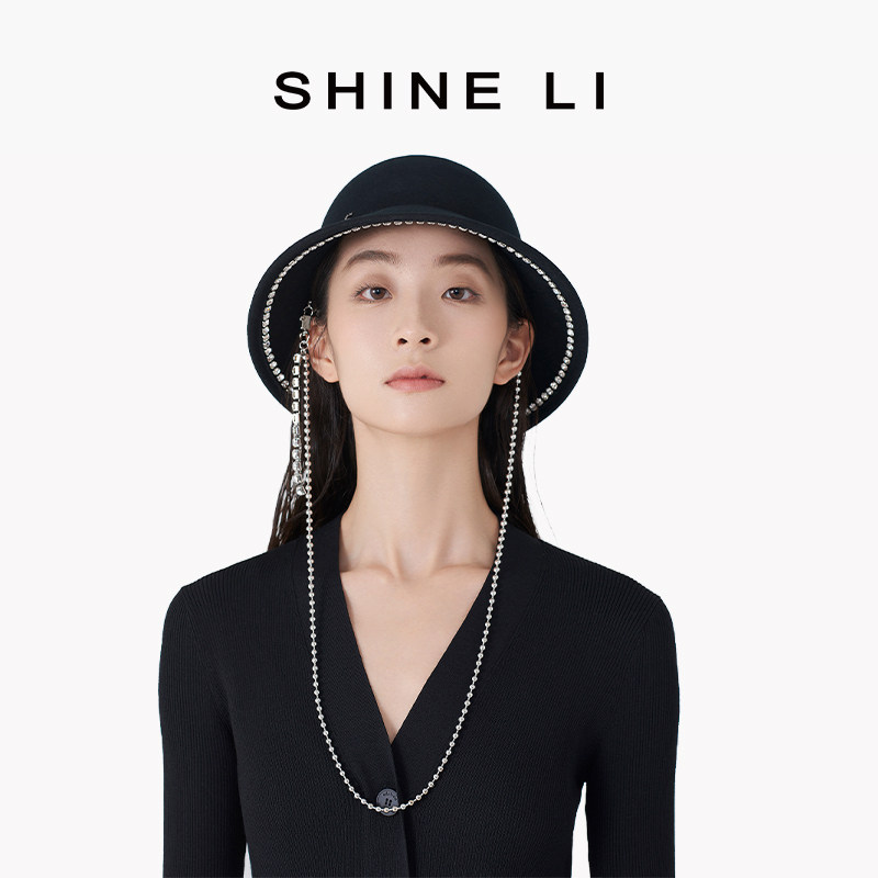 SHINE LI李姗闪钻钟形帽帽子女秋冬带帽链立体渔夫帽钟形帽带钻_虎窝淘