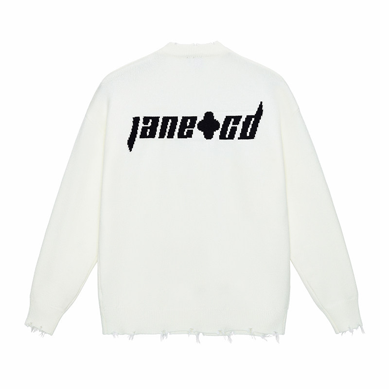 JC/Jane cd背面提花圆领针织衫男冬季美式高街潮牌慵懒风破坏毛衣_虎窝淘
