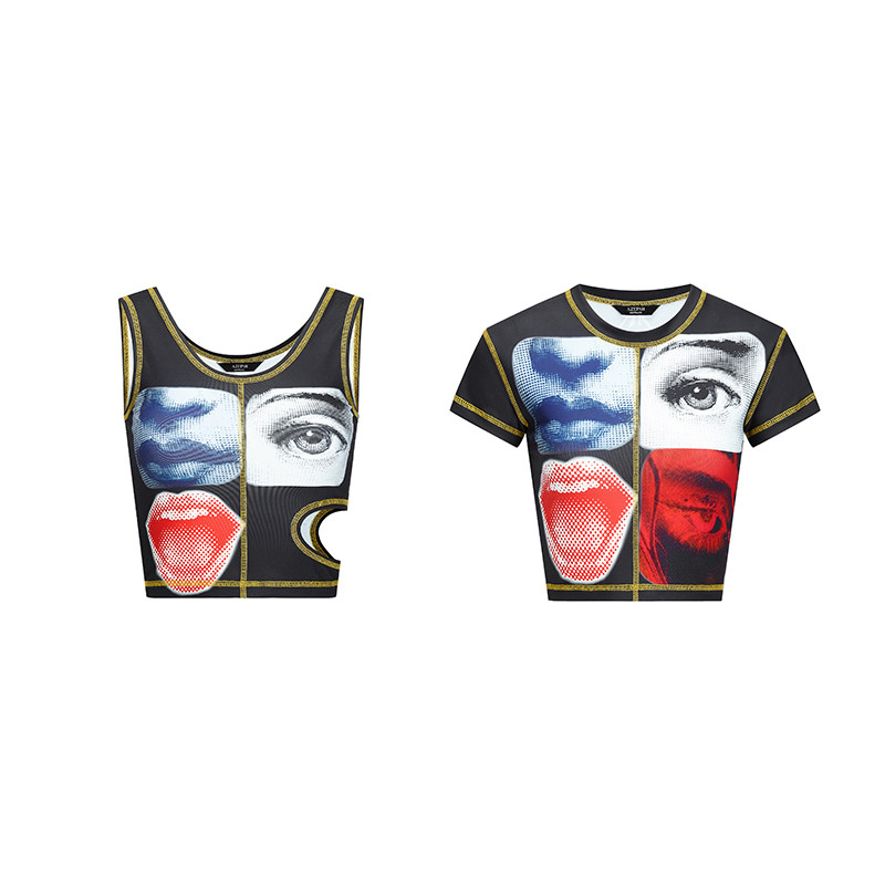 Azepam创意人像数码印花短袖T恤女短款辣妹美式街头镂空背心_虎窝淘