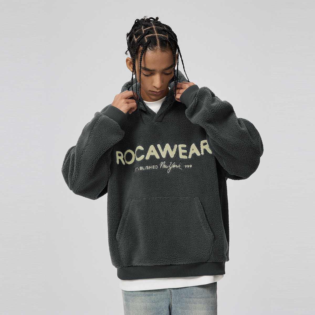 Rocawear羊羔绒慵懒风毛巾绣重磅连帽卫衣宽松秋冬季潮牌情侣外套_虎窝淘