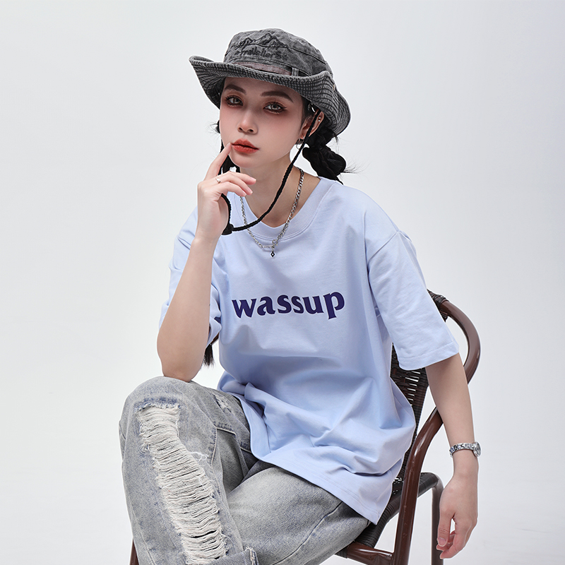 WASSUP短袖T恤女ins纯棉夏季宽松半袖2024新款美式情侣装正肩上衣_虎窝淘