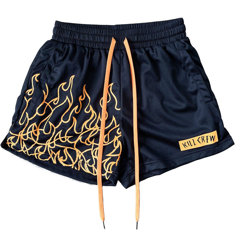 flame print lace-up mesh shorts夏火焰印花系带松紧腰网眼短裤_虎窝淘