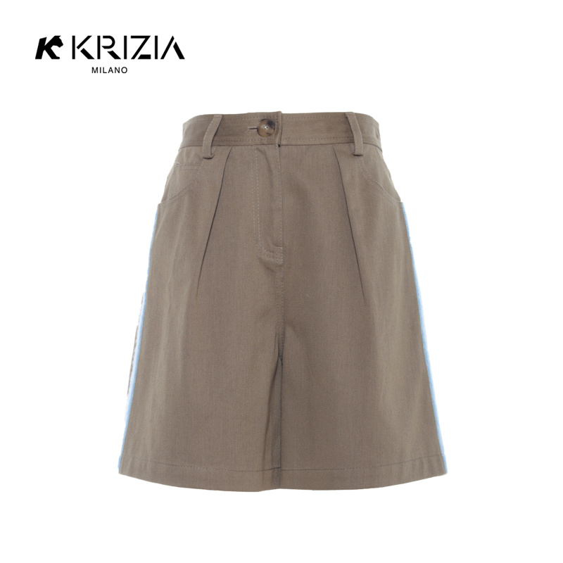 K KRIZIA新品卡其色通勤时尚宽松阔腿百慕大西装短裤女_虎窝淘