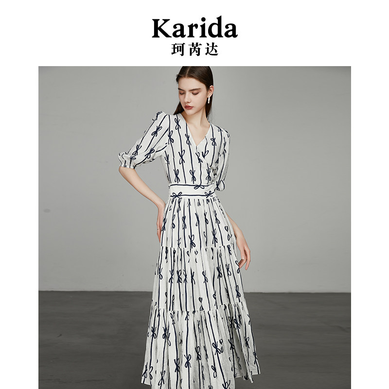 Karida/珂芮达【蝶恋花】夏轻薄V领中袖收腰长款连衣裙_虎窝淘