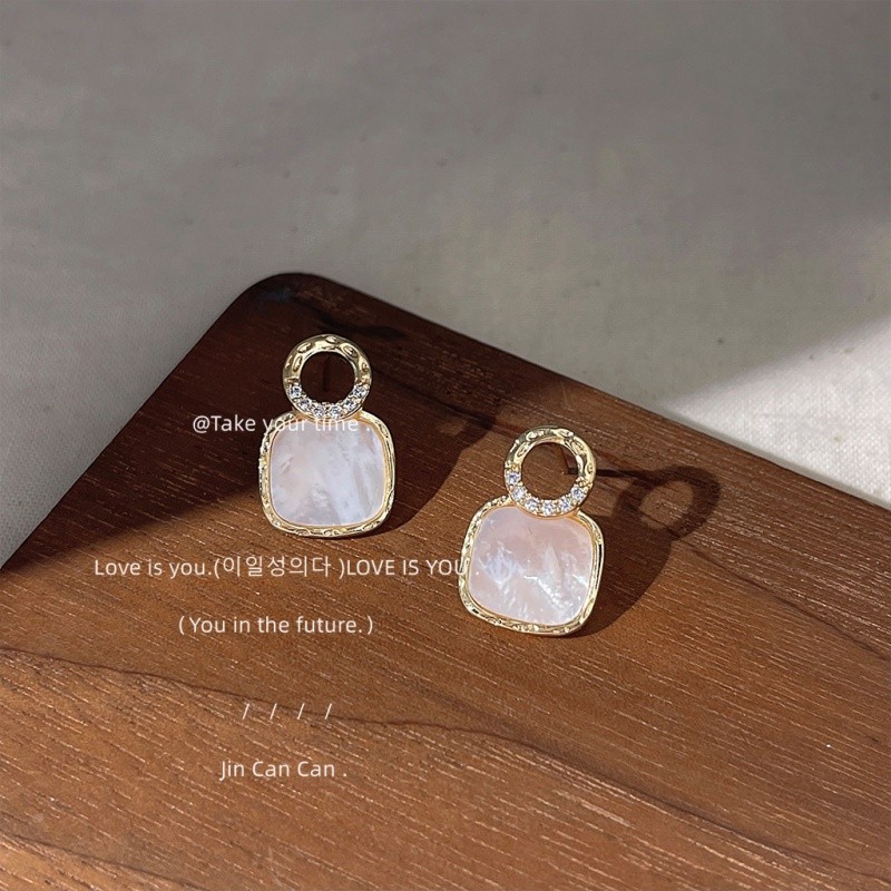 微镶锆石925银针镀14K方形几何镂空贝壳耳钉高级感ins耳饰耳环_虎窝淘