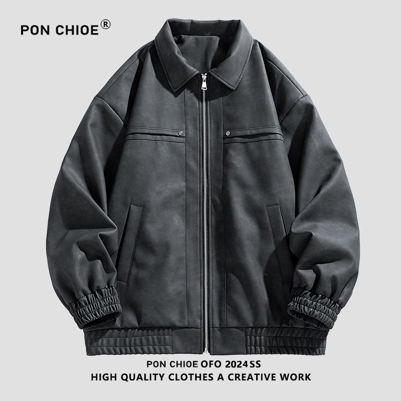 ponchioe美式复古街头百搭机车皮衣男士春秋秋季皮衣