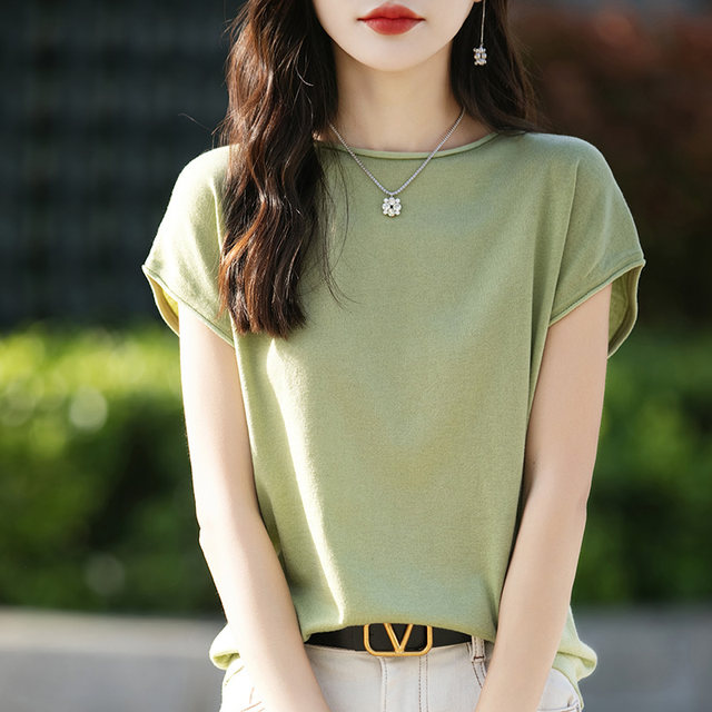 High-quality round neck thin knitted short-sleeved women's T-shirt 2025 ...