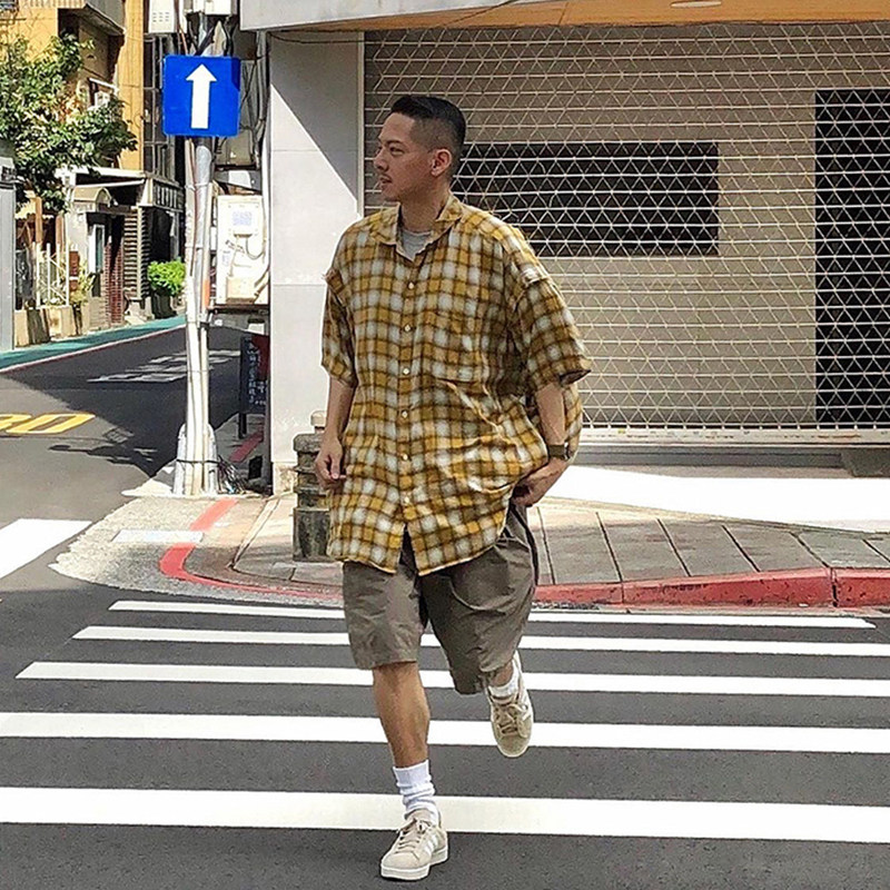 BEAMS SSZ AH.H日系潮牌黄色格子衬衫OVERSIZE宽松大码短袖衬衣男_虎窝淘