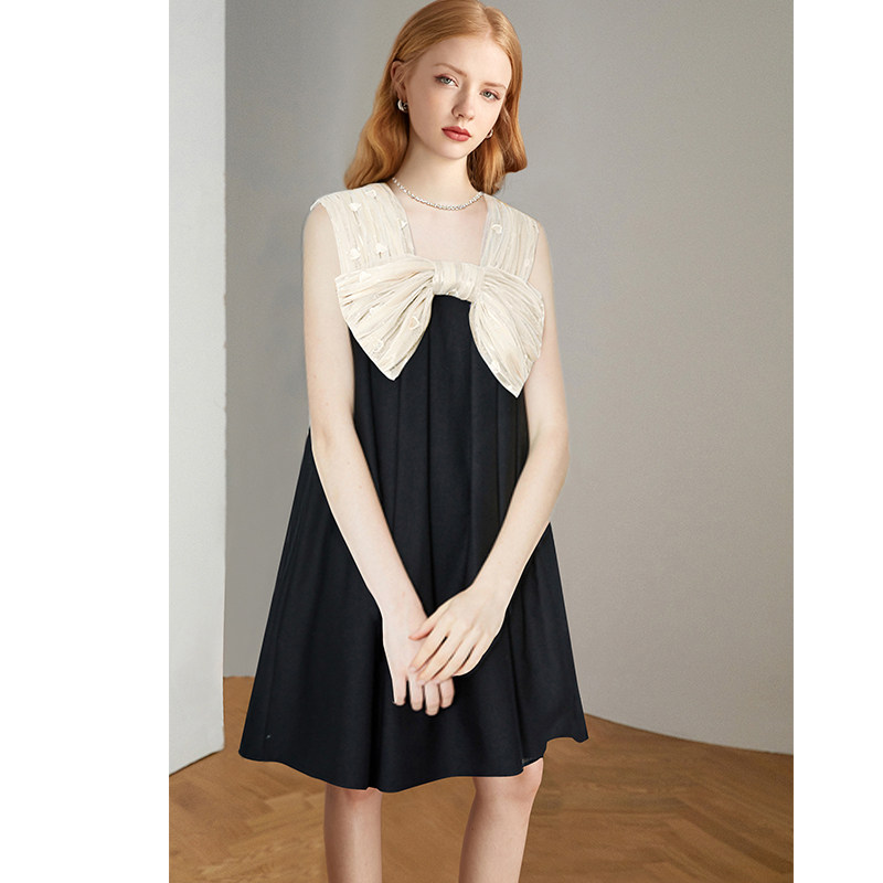 dfvc拼接蝴蝶结吊带连衣裙女春2023新款宽松无袖a字背带裙小黑裙_虎窝淘