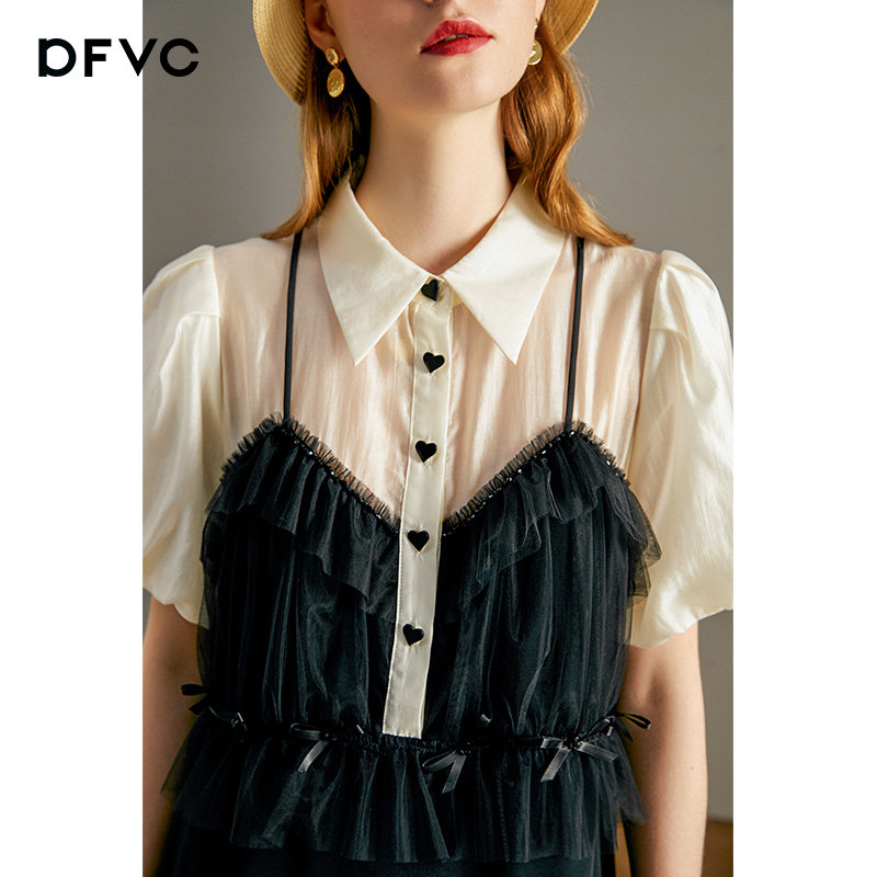 dfvc拼接假两件衬衫裙泡泡袖连衣裙女夏2023新款宽松poloa字裙子_虎窝淘