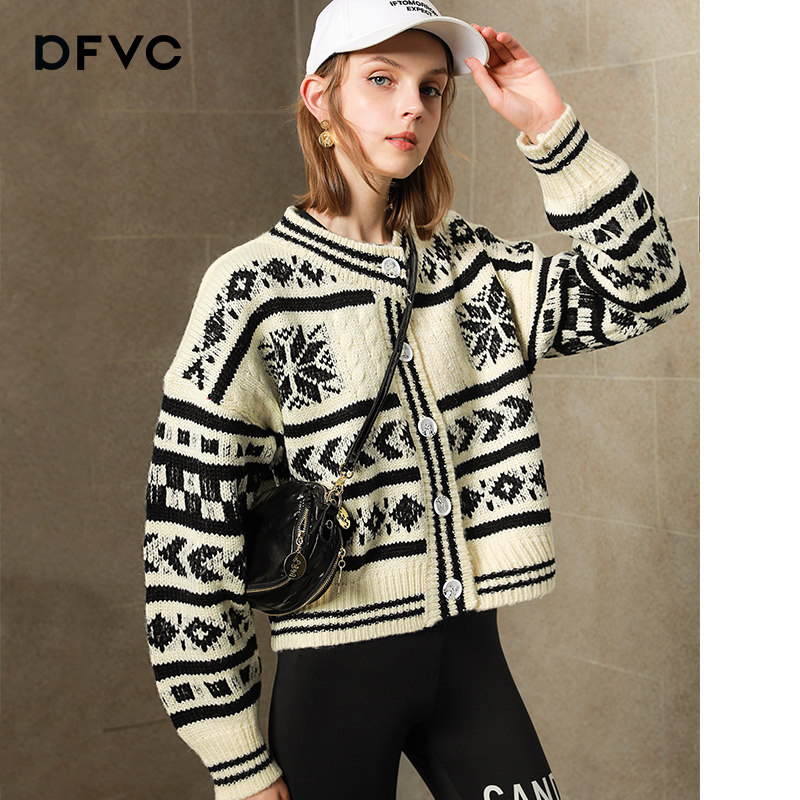 dfvc小个子毛衣针织衫女2022新款雪花宽松短款拼色开衫外套学院风_虎窝淘