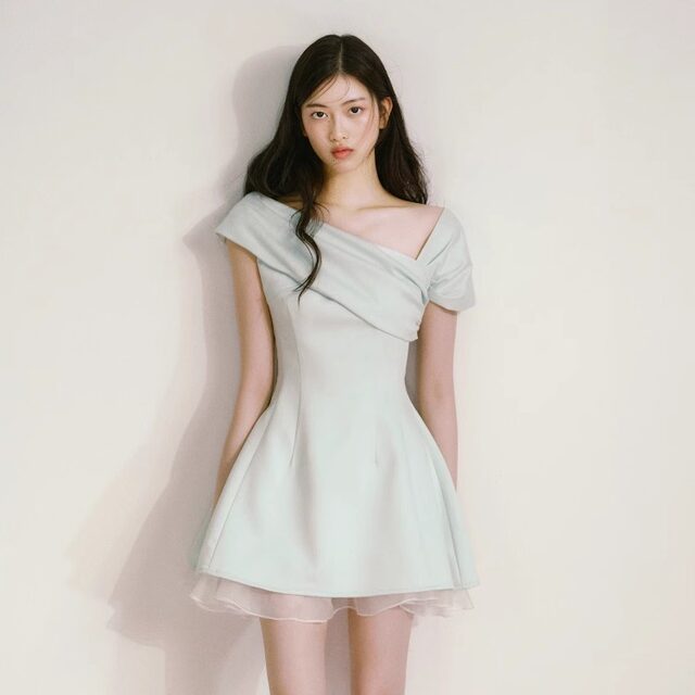 RECIT Mint Green One-Sided Side Shoulder Dress for Women in Summer ...