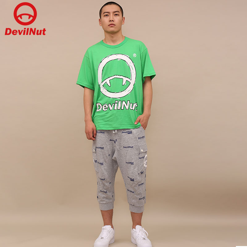 DEVIL NUT潮牌恶魔男女同款宽松灰色印花休闲卫裤家居 AOL SET_虎窝淘
